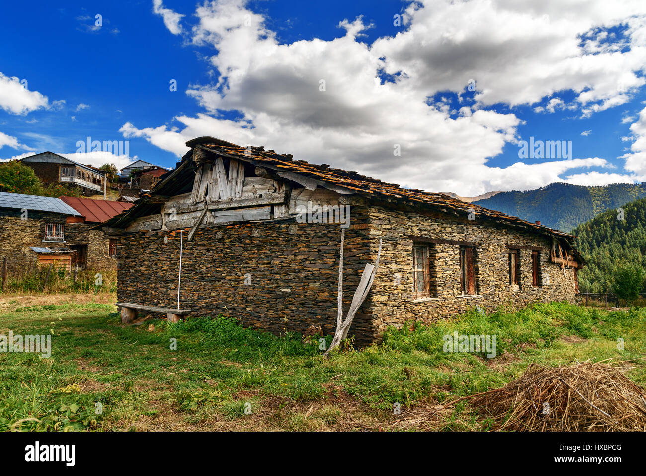 Shale stones house in Shenako small village at Tusheti region. Georgia ...