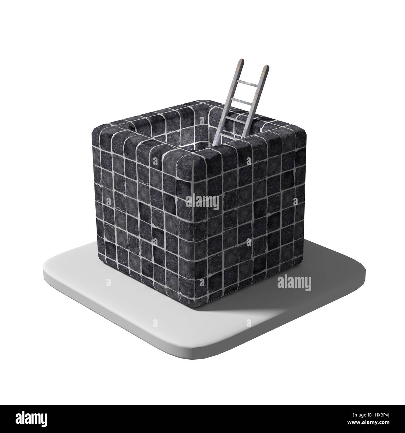 3d rendering of a ladder placed in a cube block covered with black ...