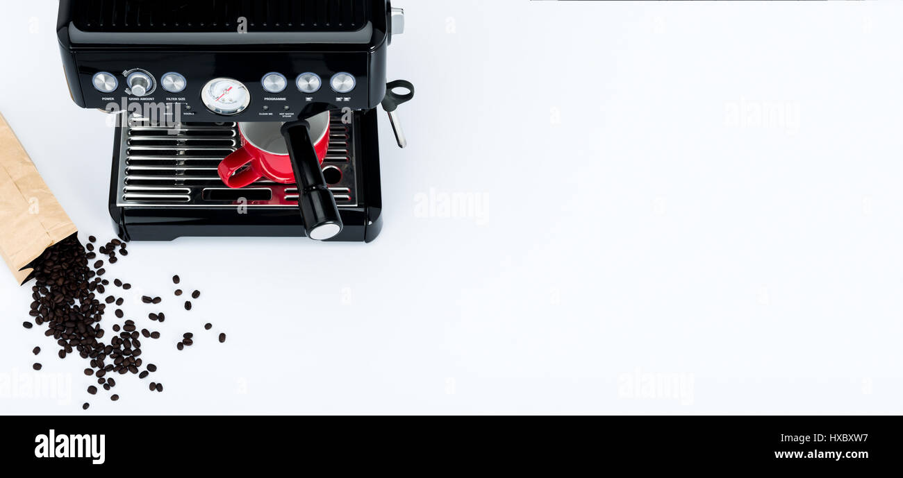 Banner with isolated black manual coffee maker with grinder and red ...