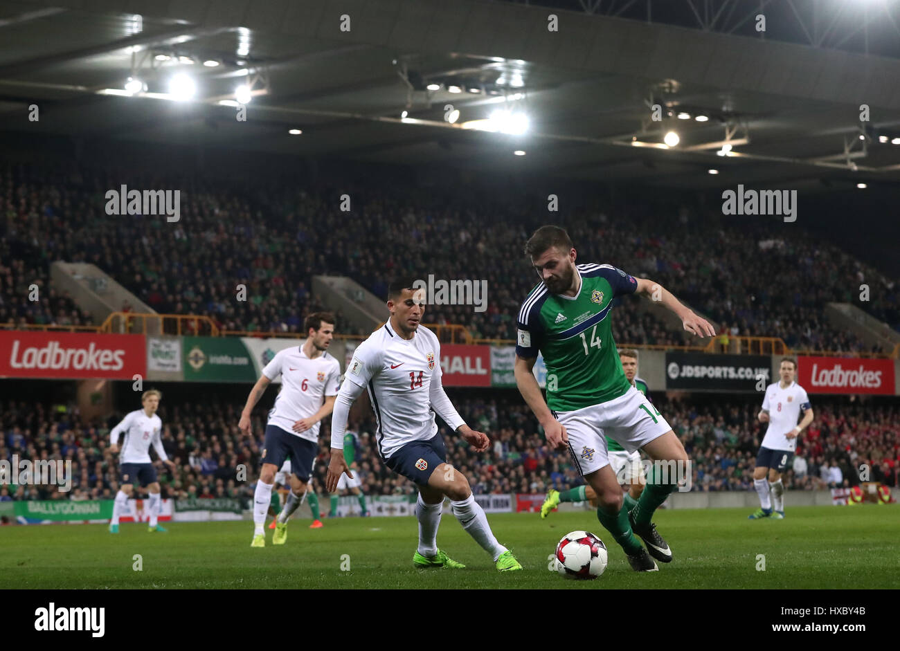 Northern Ireland's Stuart Dallas (right) and Norway's Omar Elabdellaoui ...