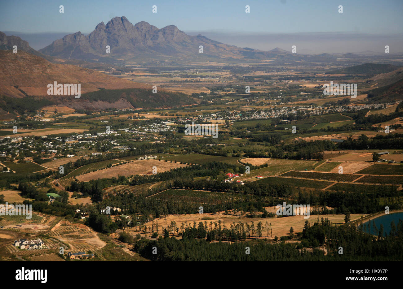 An elevated view shows the Franschhoek Valley, in the Western Cape wine ...