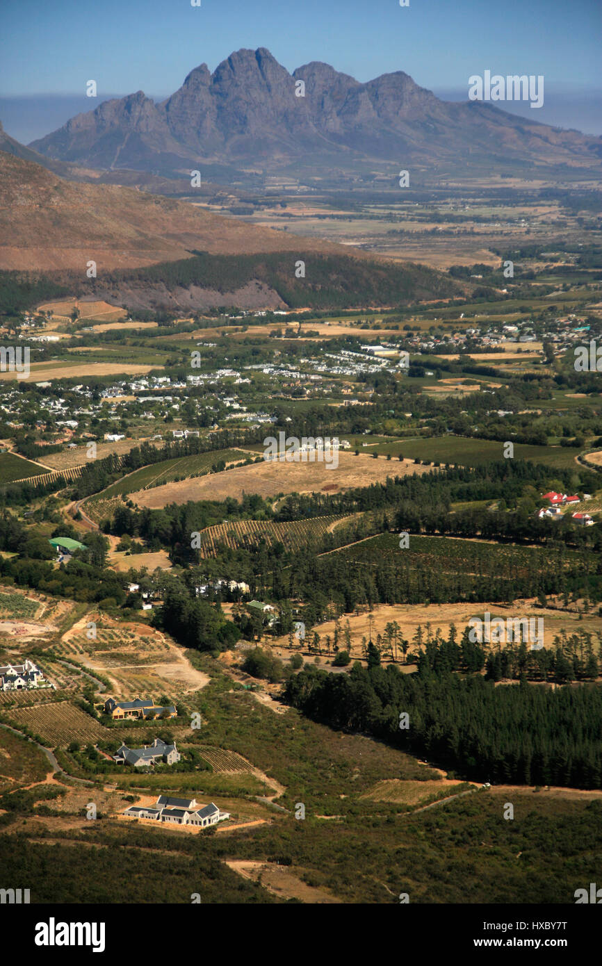 An elevated view shows the Franschhoek Valley, in the Western Cape wine ...