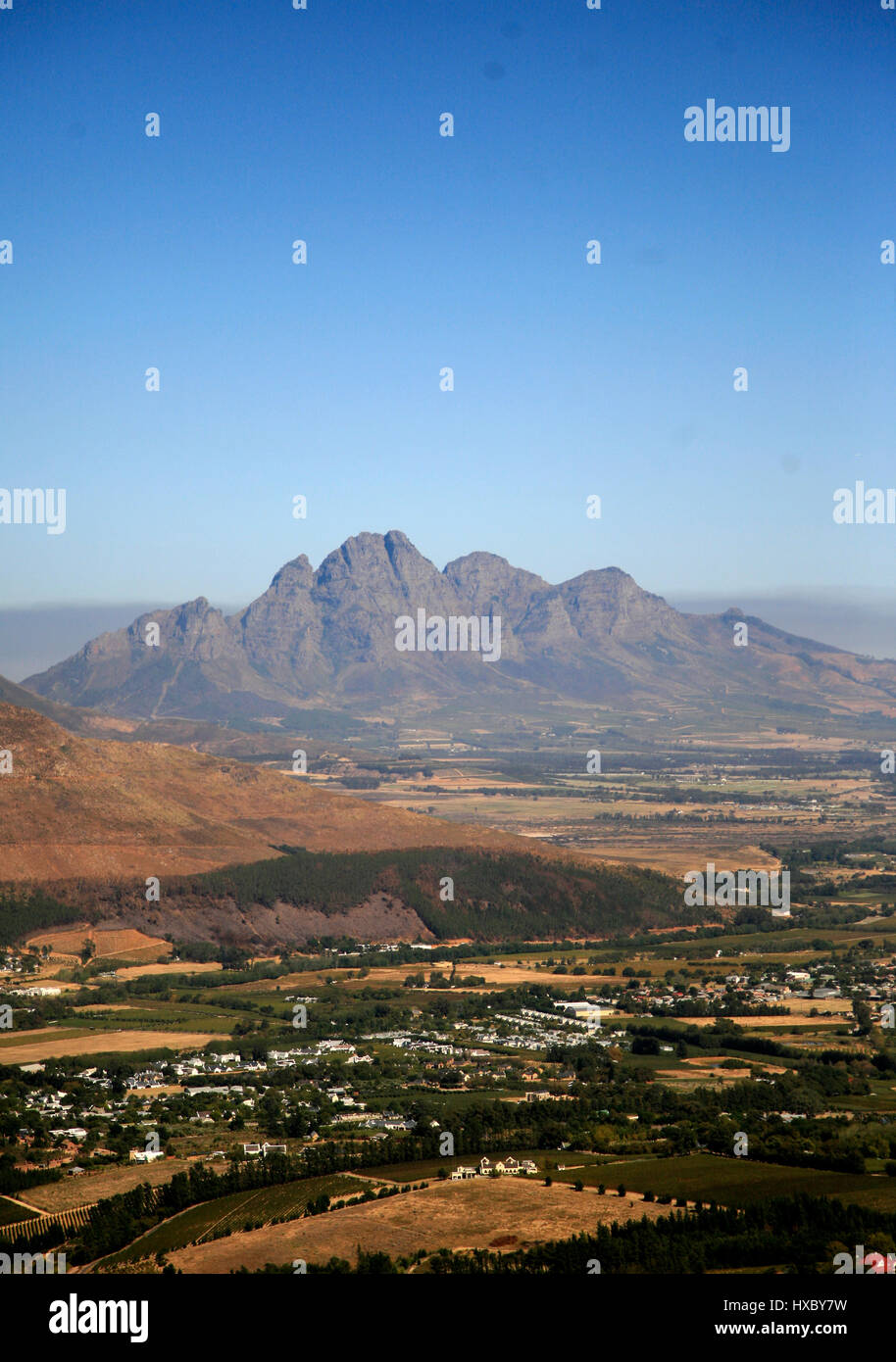 An elevated view shows the Franschhoek Valley, in the Western Cape wine ...