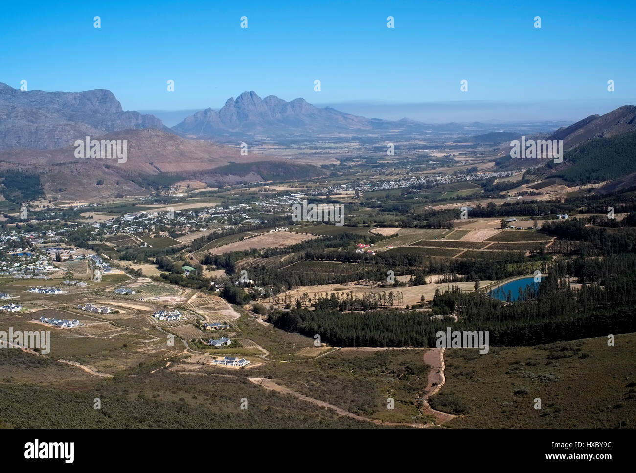 An elevated view shows the Franschhoek Valley, in the Western Cape wine ...