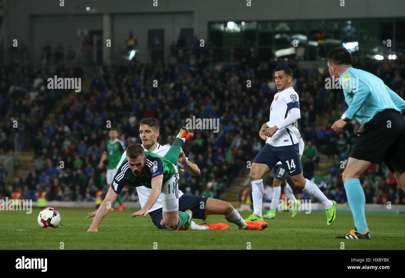 Northern Ireland's Chris Brunt (left) and Norway's Gustav Valsvik ...