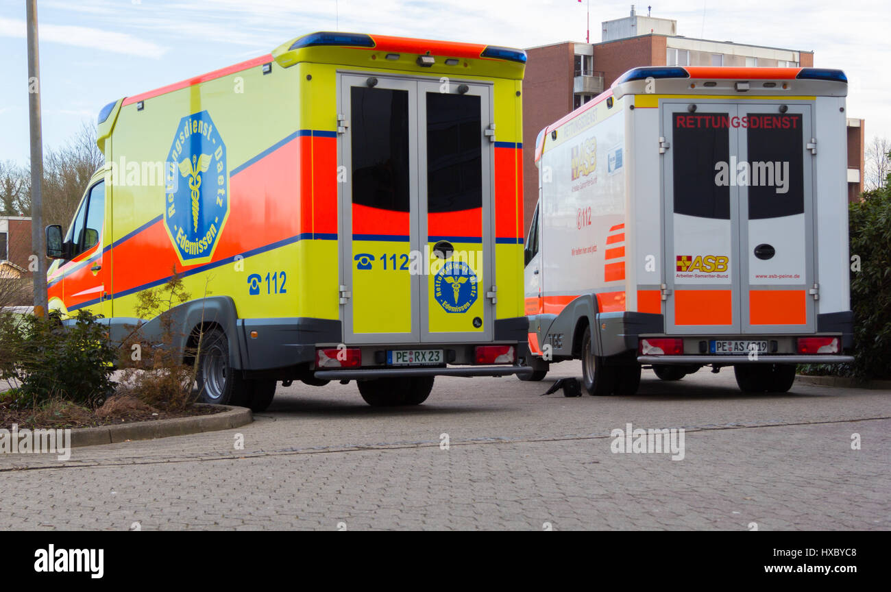 PEINE / GERMANY - MARCH 20, 2017: two german ambulance vehicles stands ...