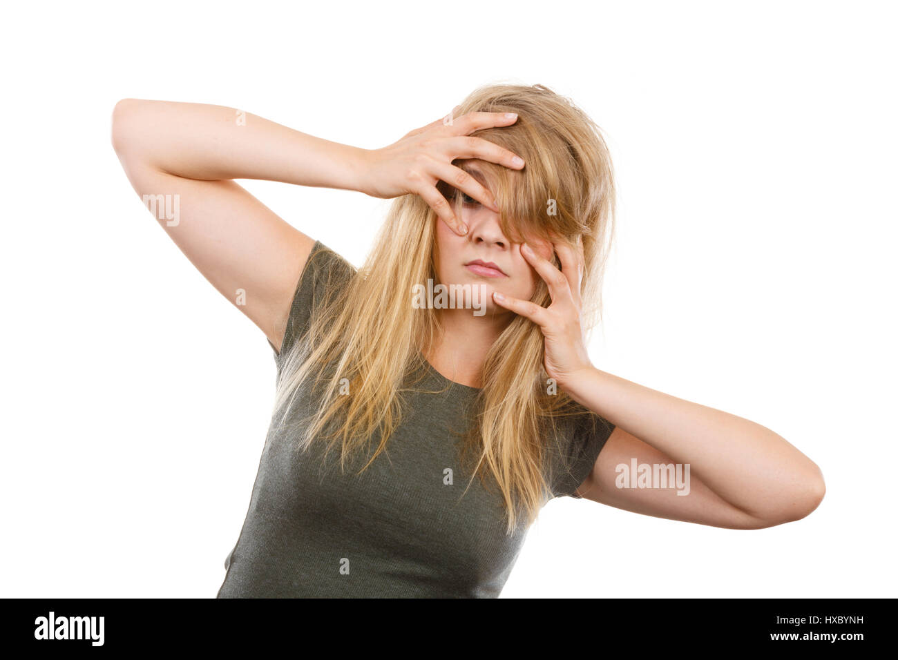 Emotions, embarrassment, awkwardness gestures concept. Ashamed blonde ...