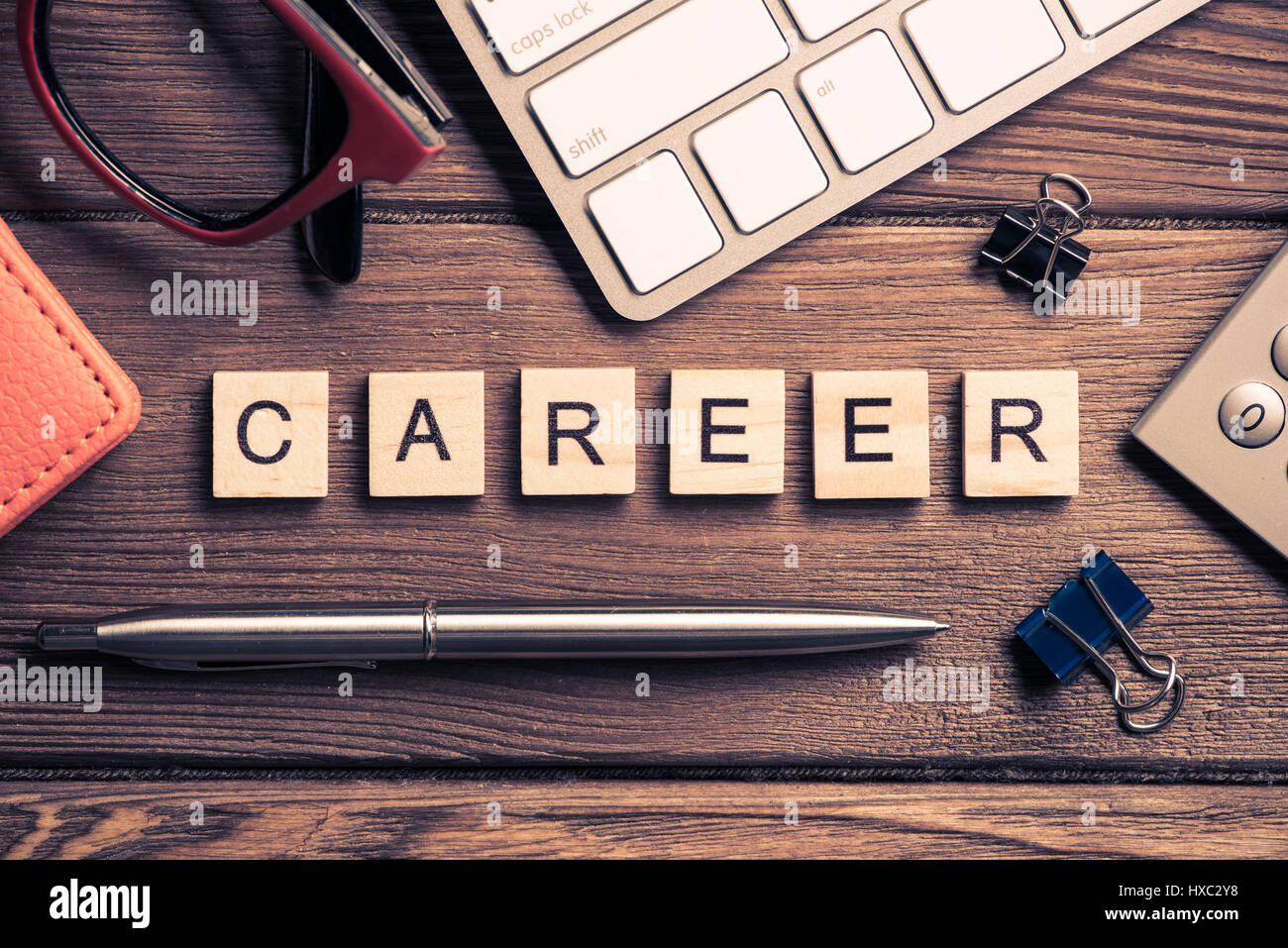 Workspace desk with keyboard office working stuff and wooden elements ...
