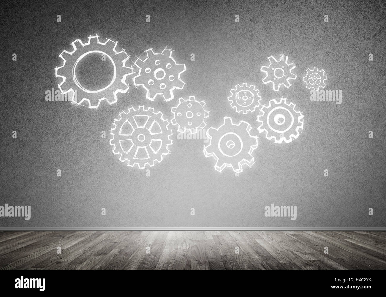 Gear hand drawn mechanism on gray wall Stock Photo - Alamy