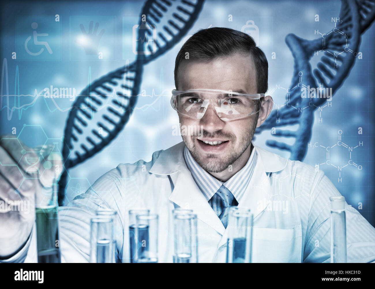 Handsome scientist making research over dna molecule structure Stock ...