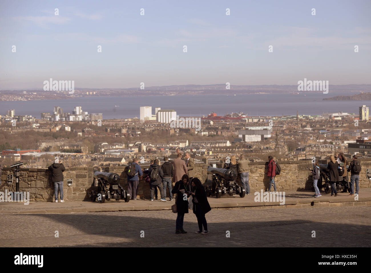 Edinburgh castle interior ramparts crowds of tourists enjoy selfie ...