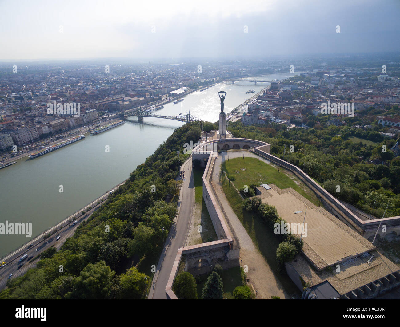 Aerial view of Liberty statue at Gellert hill in Budapest Stock Photo ...