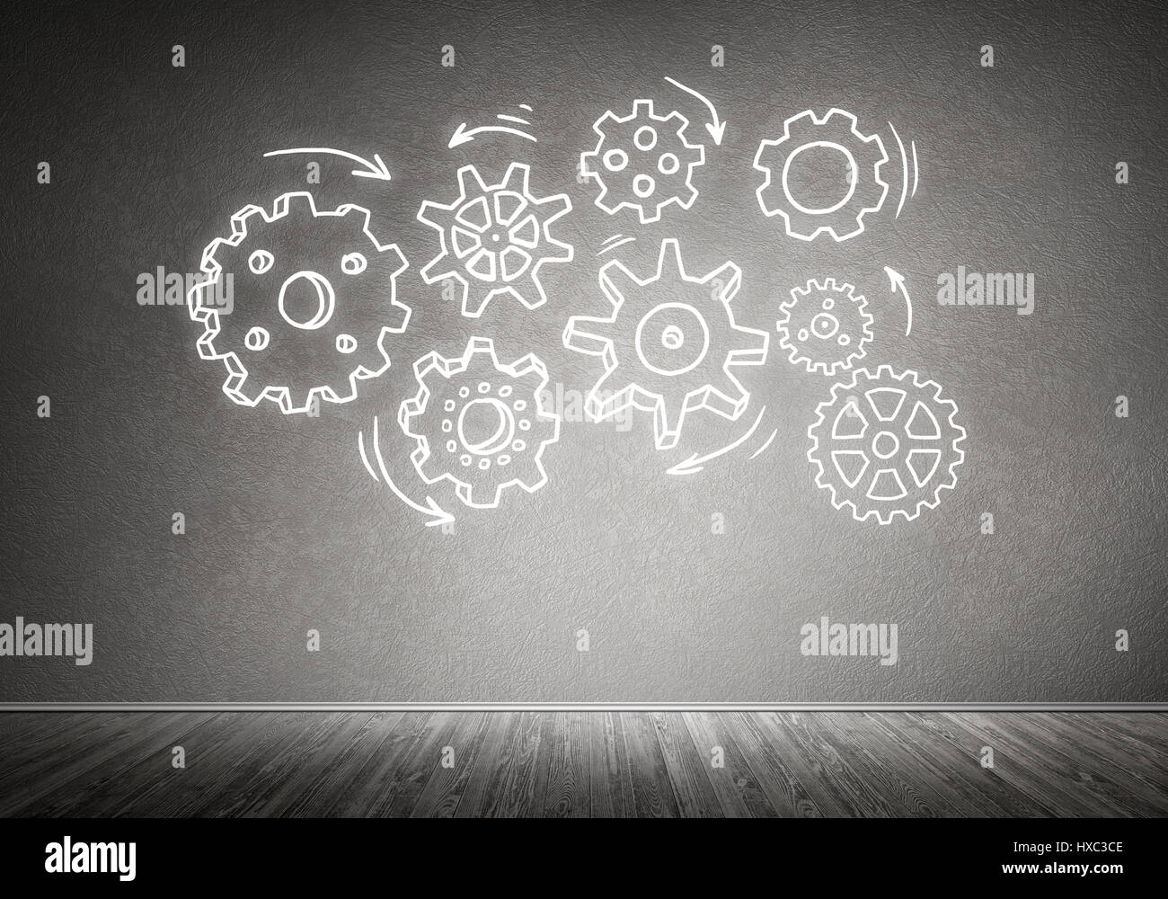 Gear hand drawn mechanism on gray wall Stock Photo - Alamy