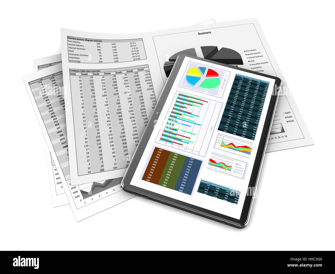 3d illustration of papers and tablet with business data Stock Photo - Alamy