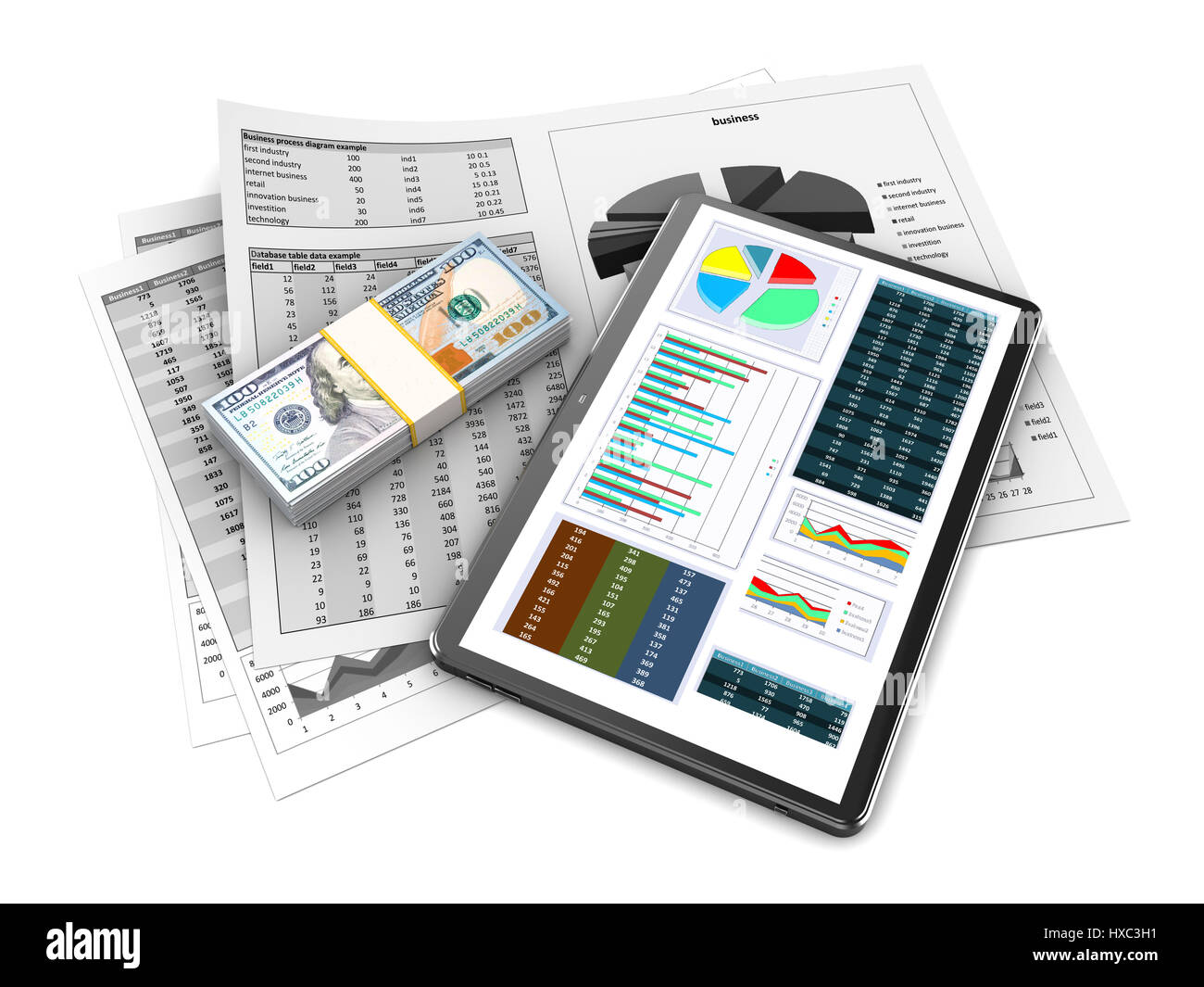 3d illustration of tablet computer, business papers and money stack ...
