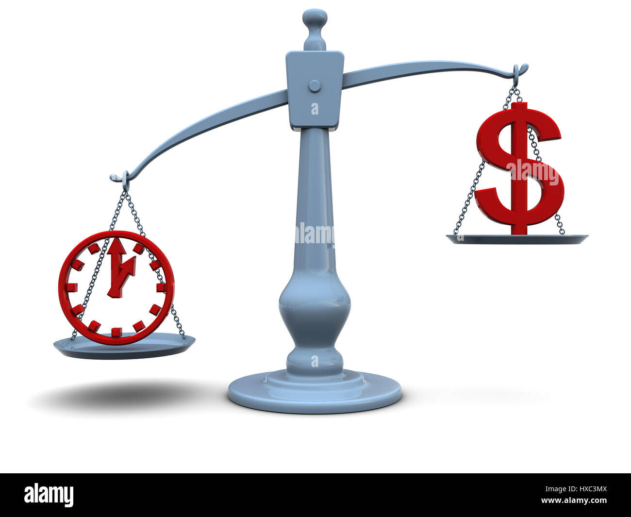 3d illustration of scale with clock and dollars symbols, over white ...