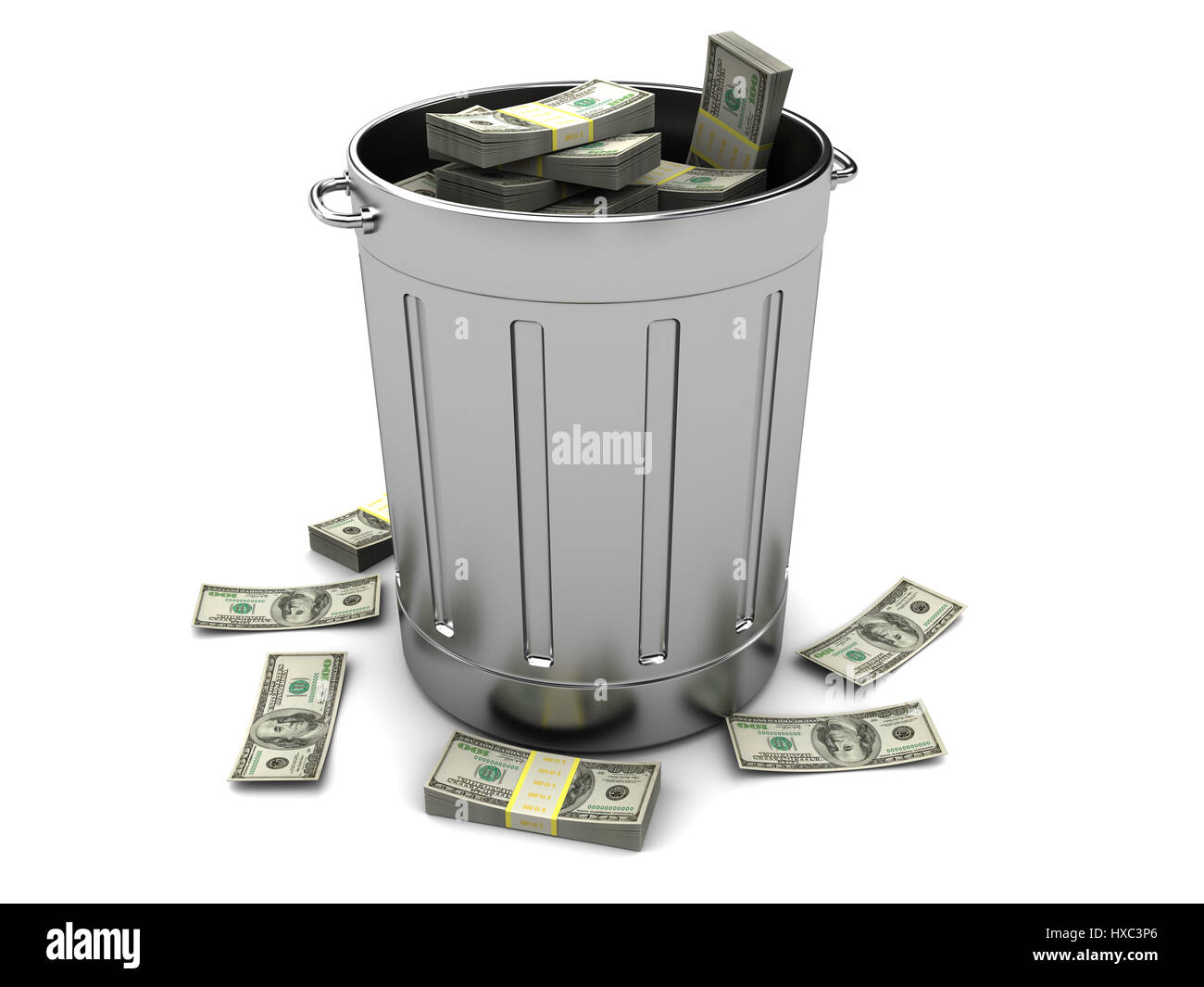 3d illustration of trashcan full of money, over white background Stock ...