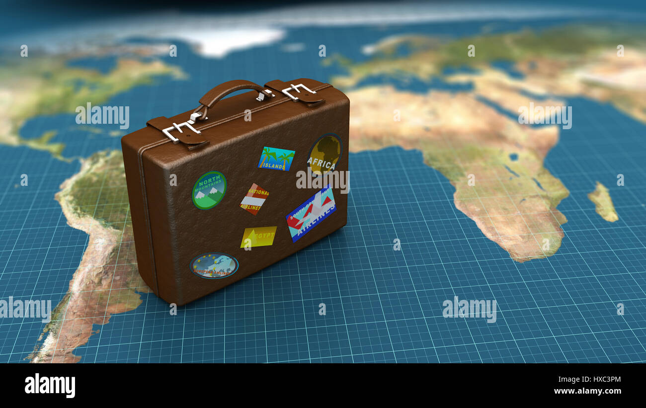 3d illustration of travel luggage on world map Stock Photo - Alamy