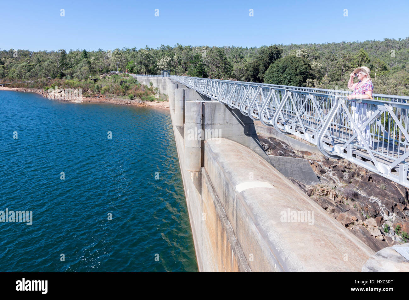 Female tourist on the Dam of Mundaring weir reservoir area, Western ...