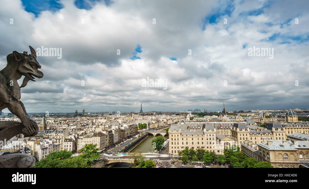 Gargoyle of Paris on Notre Dame Cathedral church and Paris cityscape ...