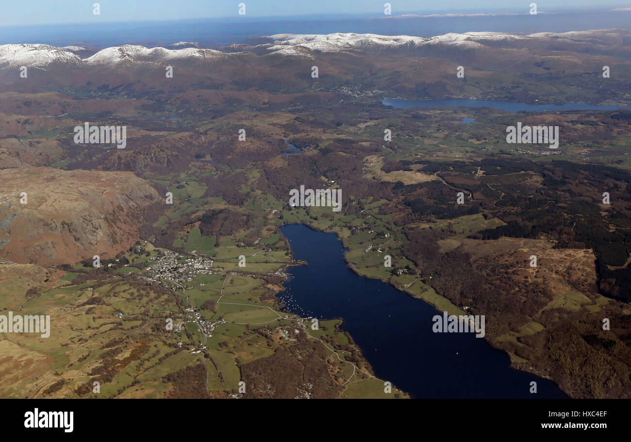 A aerial view of Coniston Water in the Lake District, Cumbria, with ...