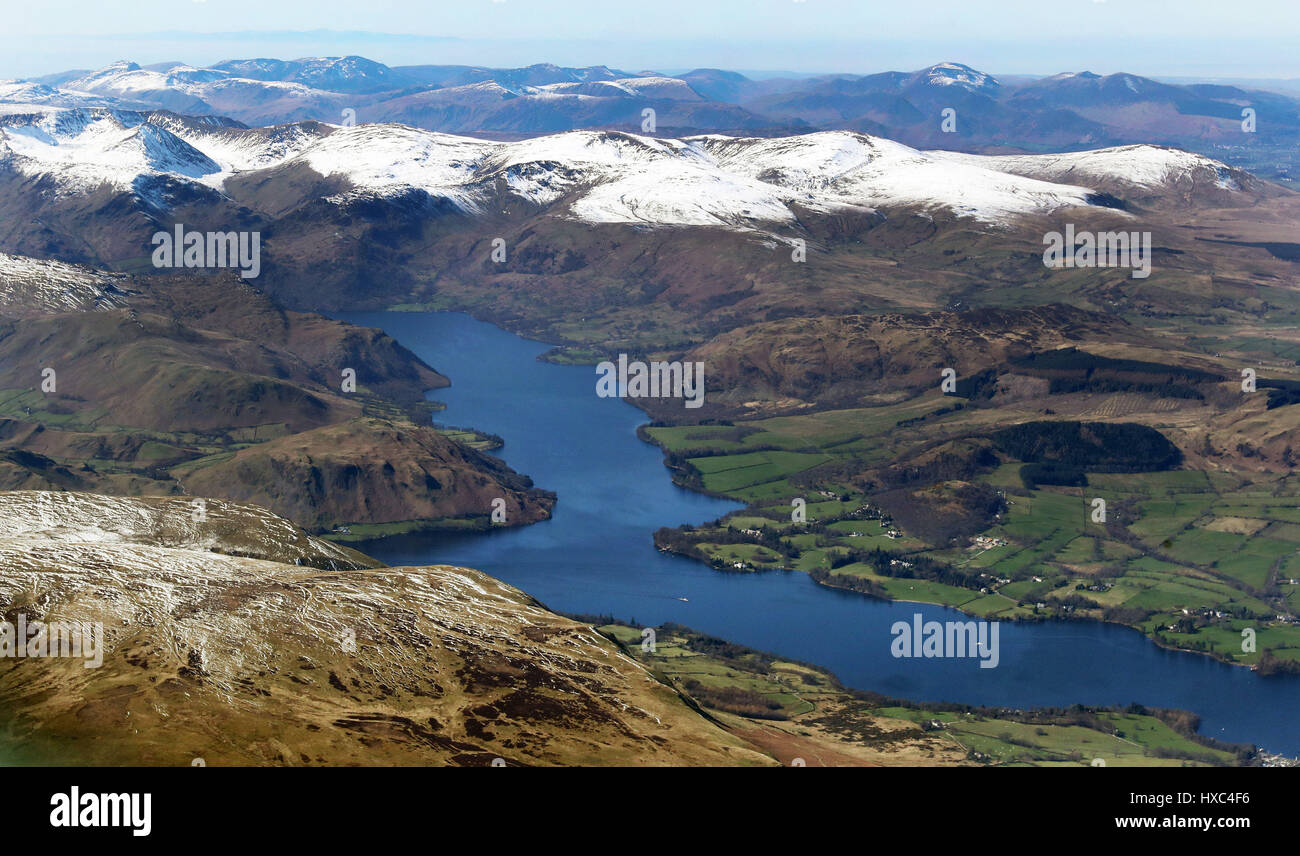A aerial view of Ullswater in the Lake District, Cumbria, with snow ...