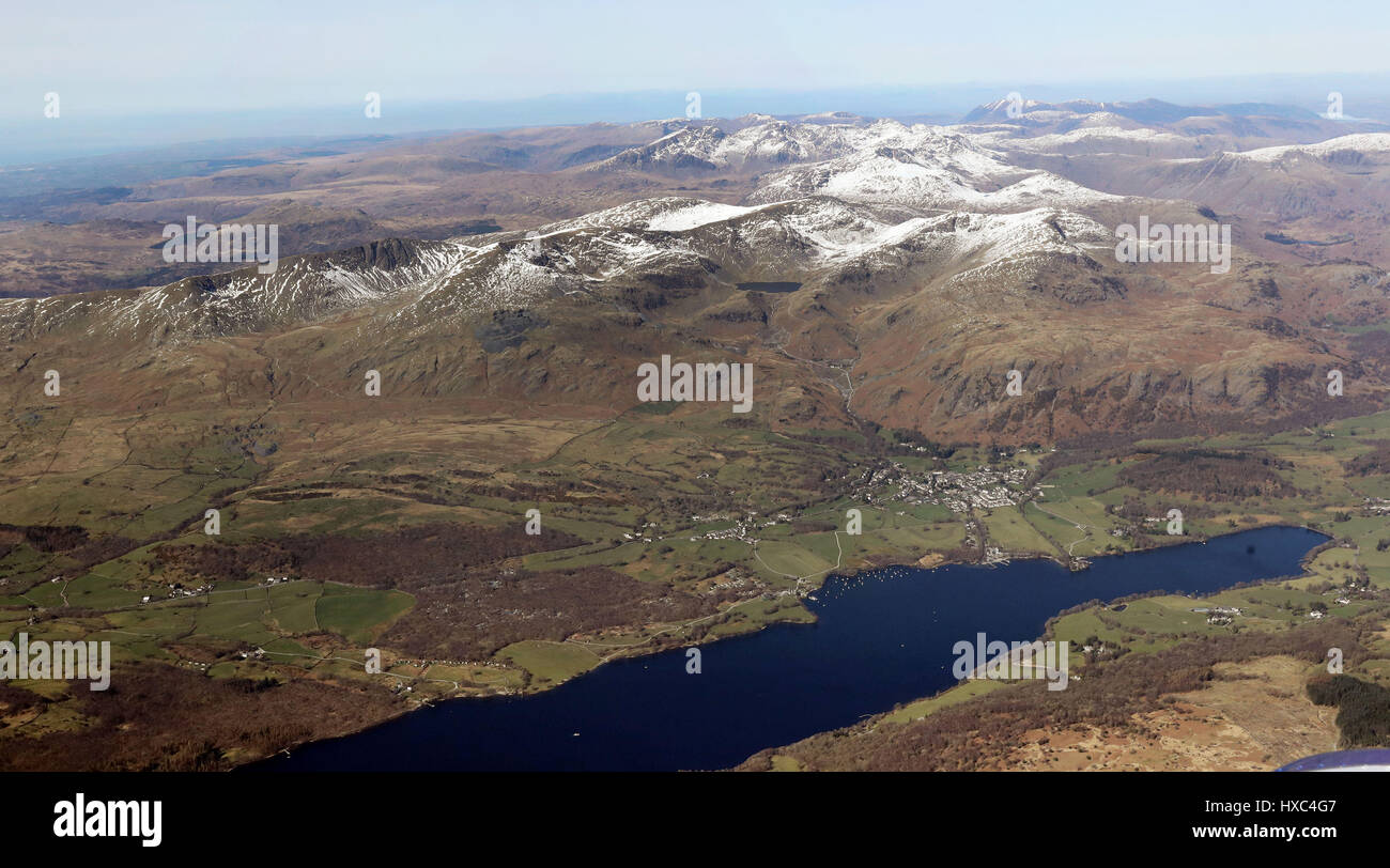 A aerial view of Coniston Water in the Lake District, Cumbria, with ...