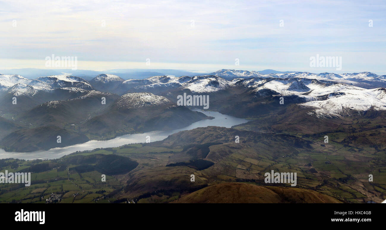 A aerial view of Ullswater in the Lake District, Cumbria, with snow ...