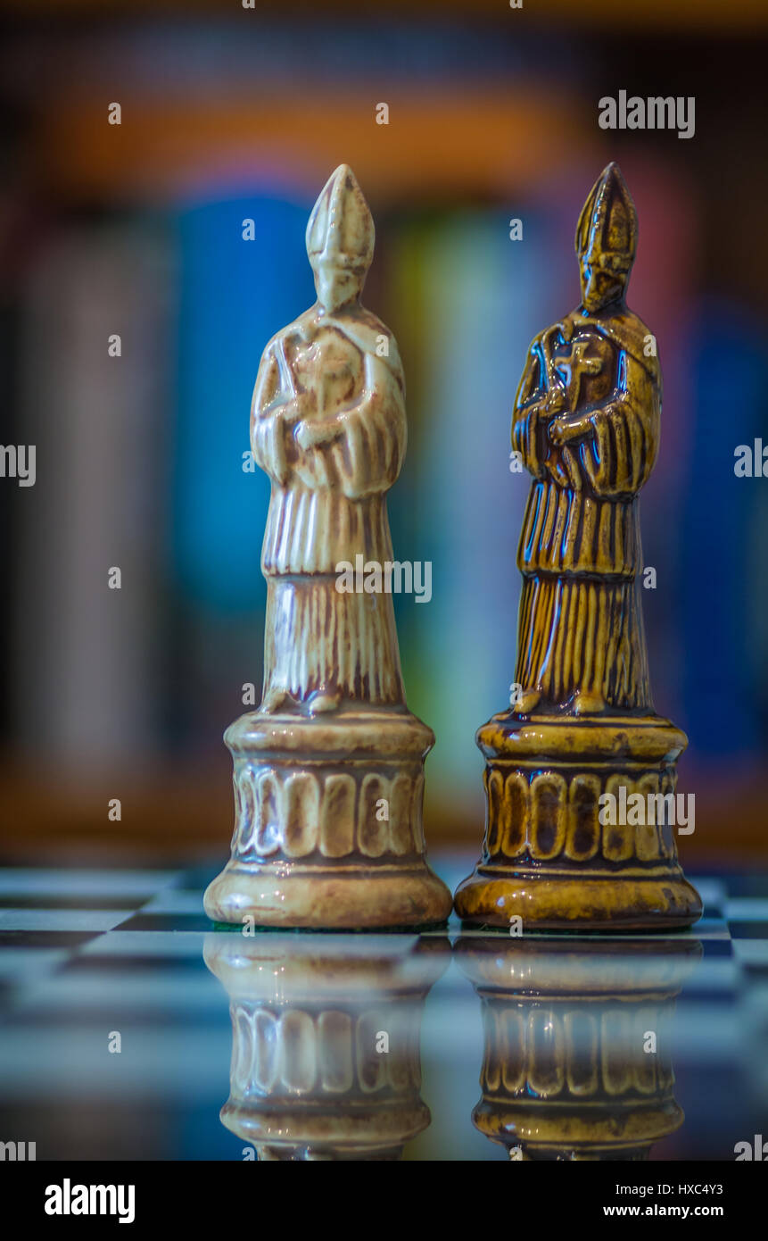 Ornate Chess pieces in focus with soft focus colourful background Stock ...