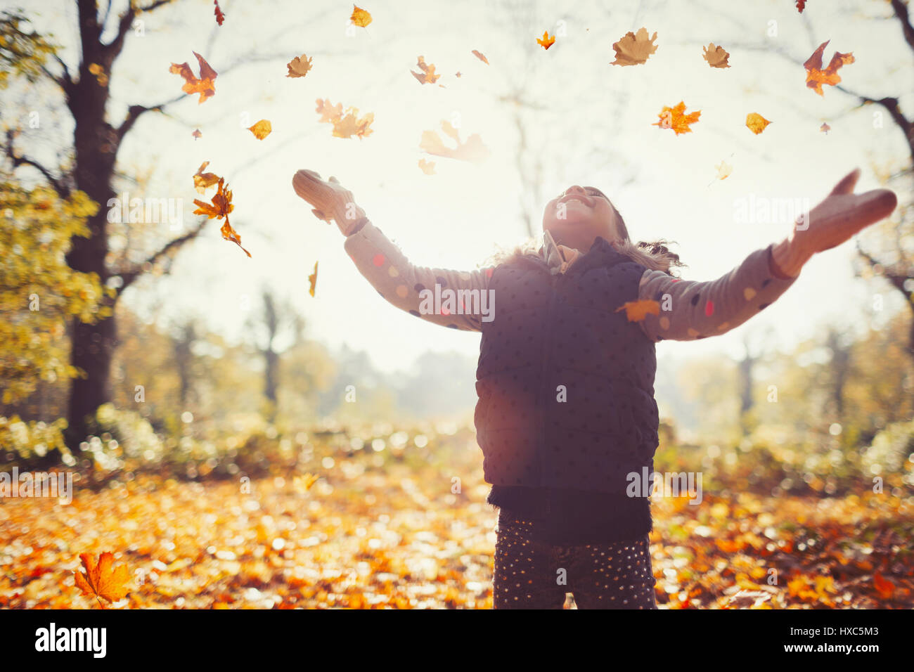 Playful girl throwing autumn leaves overhead in sunny park Stock Photo ...