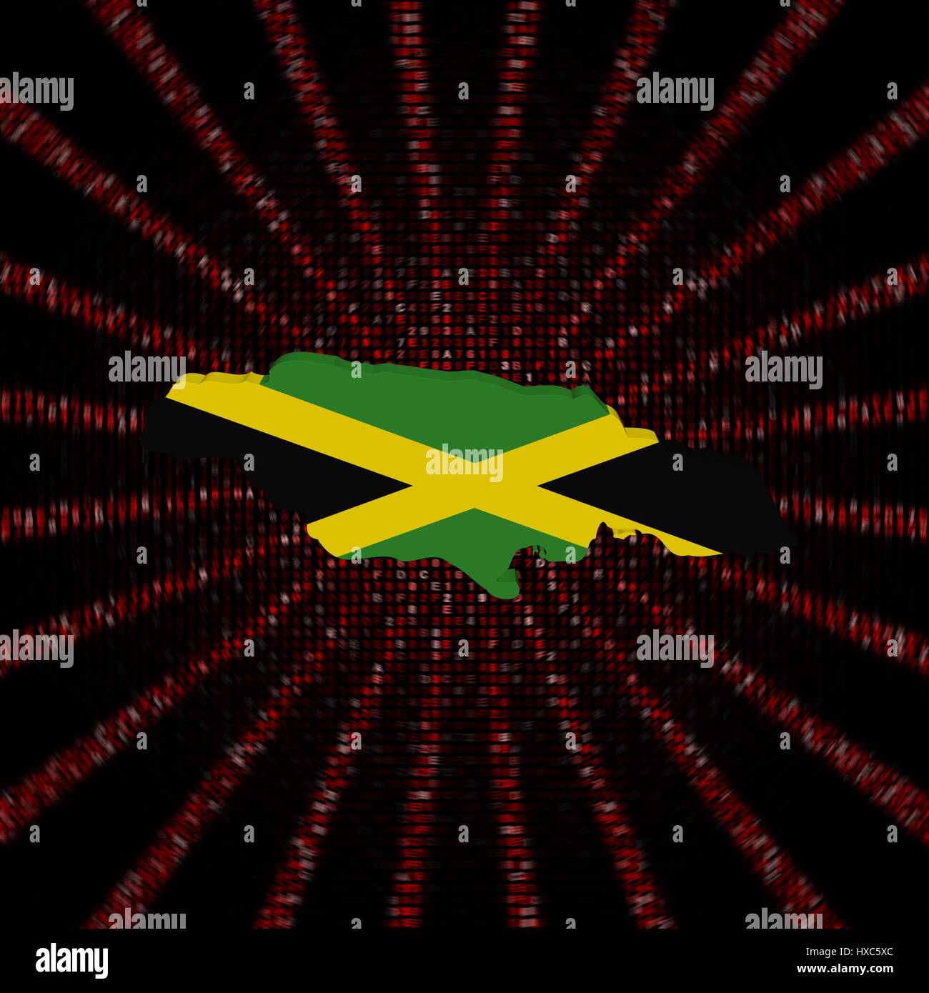 Jamaica map flag on red hex code burst illustration Stock Photo - Alamy