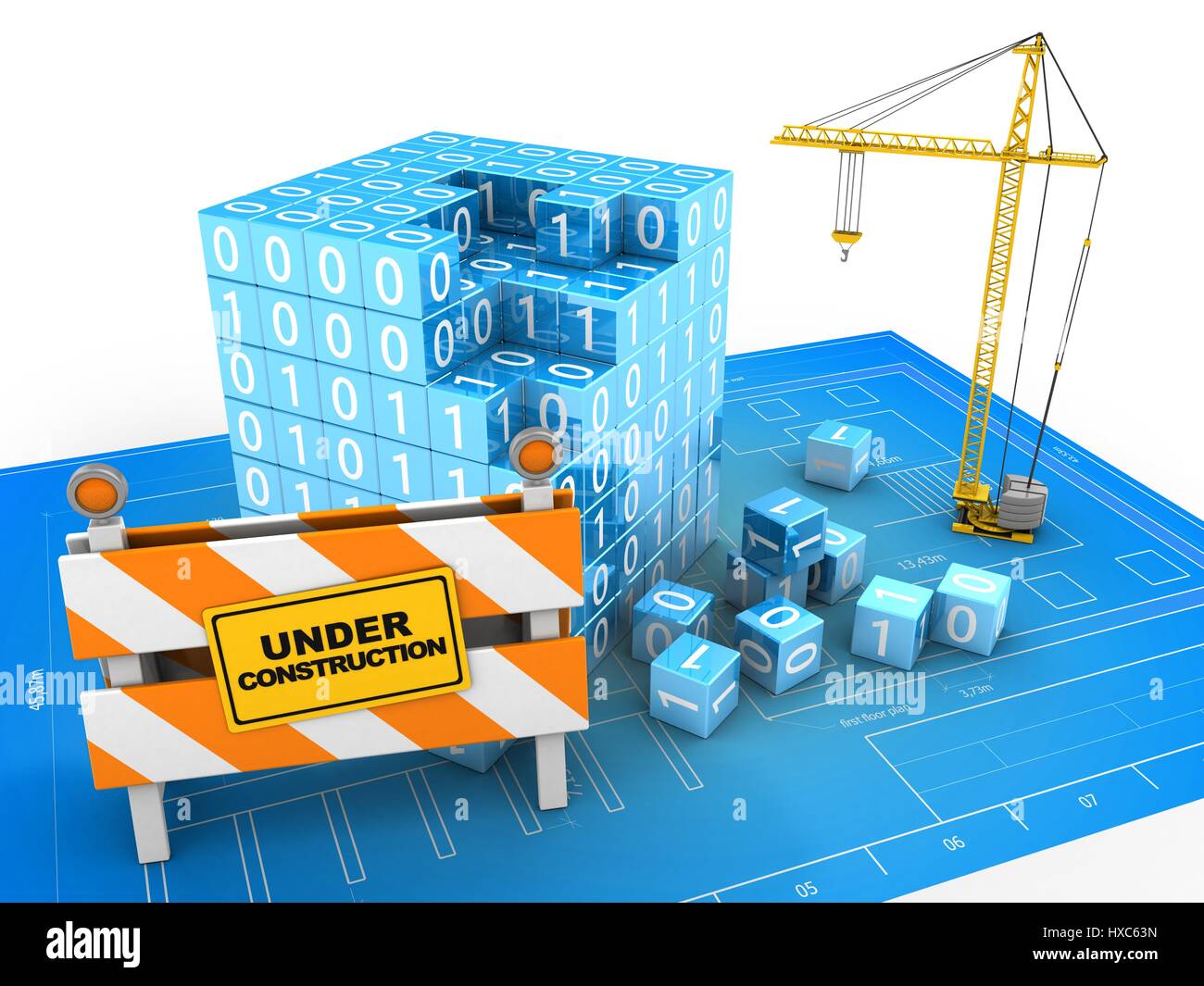 3d illustration of crane binary cubes construction andunder construction sign over blueprint ...