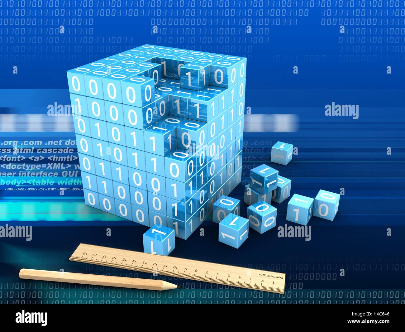 3d Illustration Of Binary Cubes Construction And Work Tools Over Binary Code Background Stock 