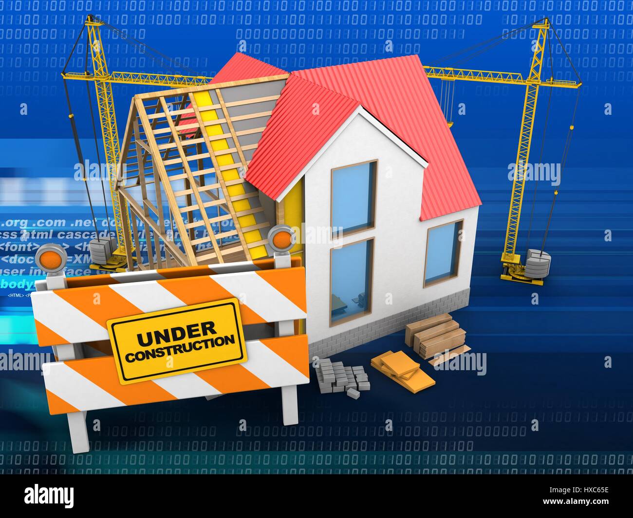 3d illustration of cranes building house, over binary code background ...