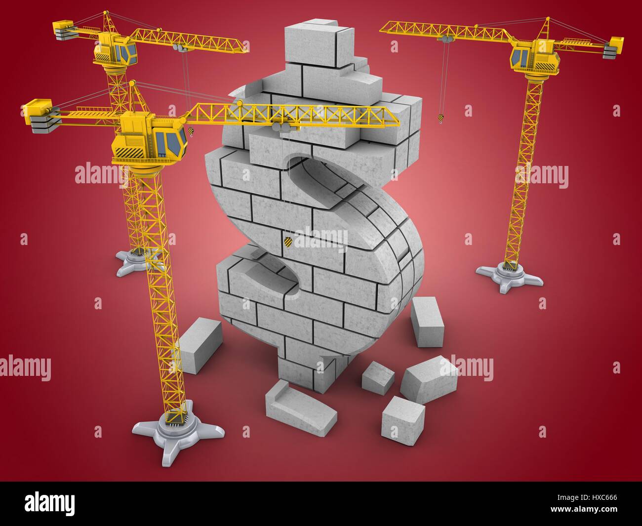 3d illustration of crane and dollar sign construction over red ...