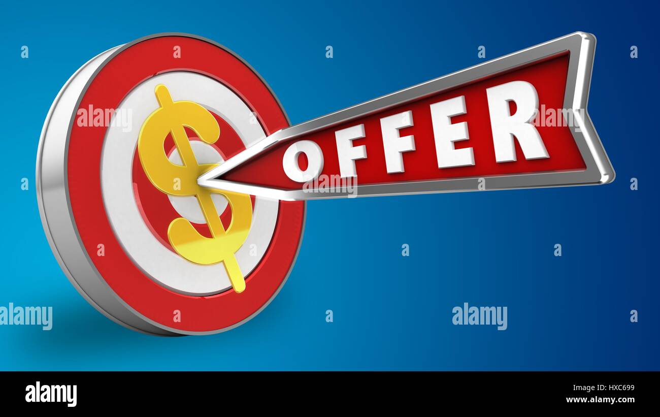 abstract 3d illustration target hit with arrow and offer sign Stock ...