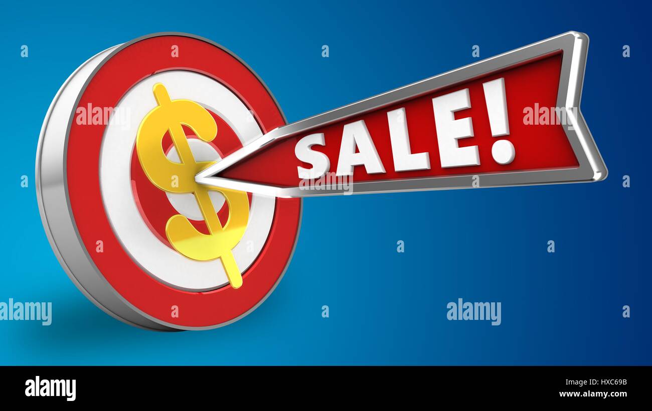 abstract 3d illustration target hit with arrow and sale sign Stock ...