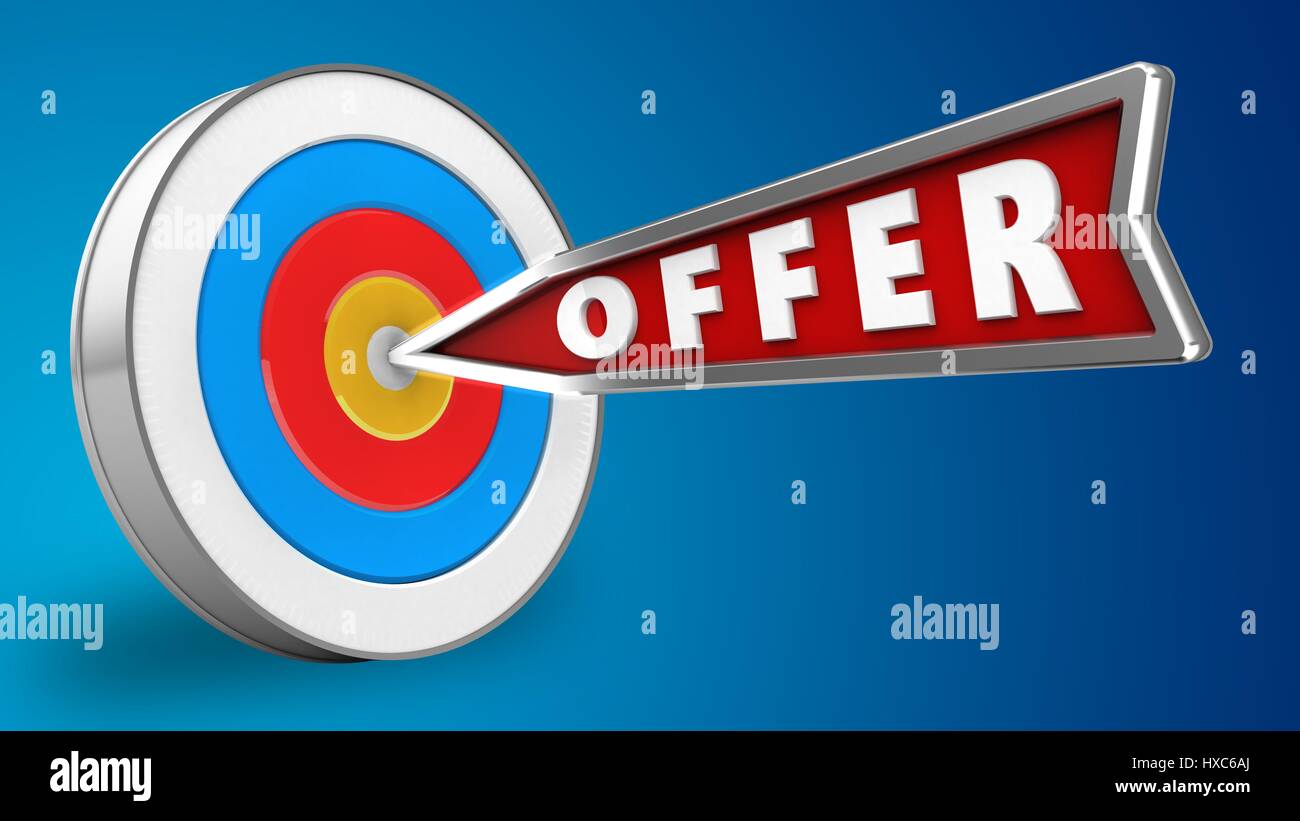 abstract 3d illustration target hit with arrow and offer sign over blue ...
