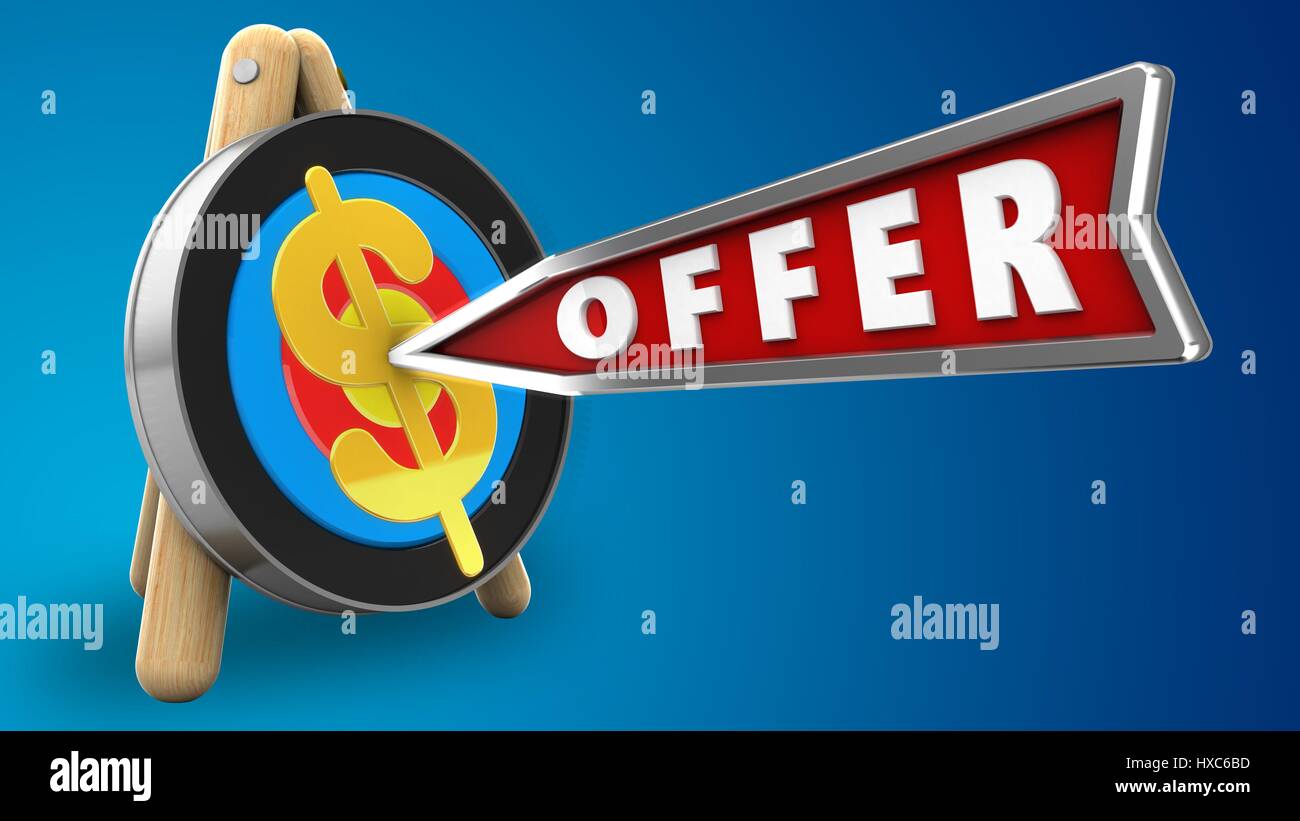 abstract 3d illustration target hit with arrow and offer sign Stock ...