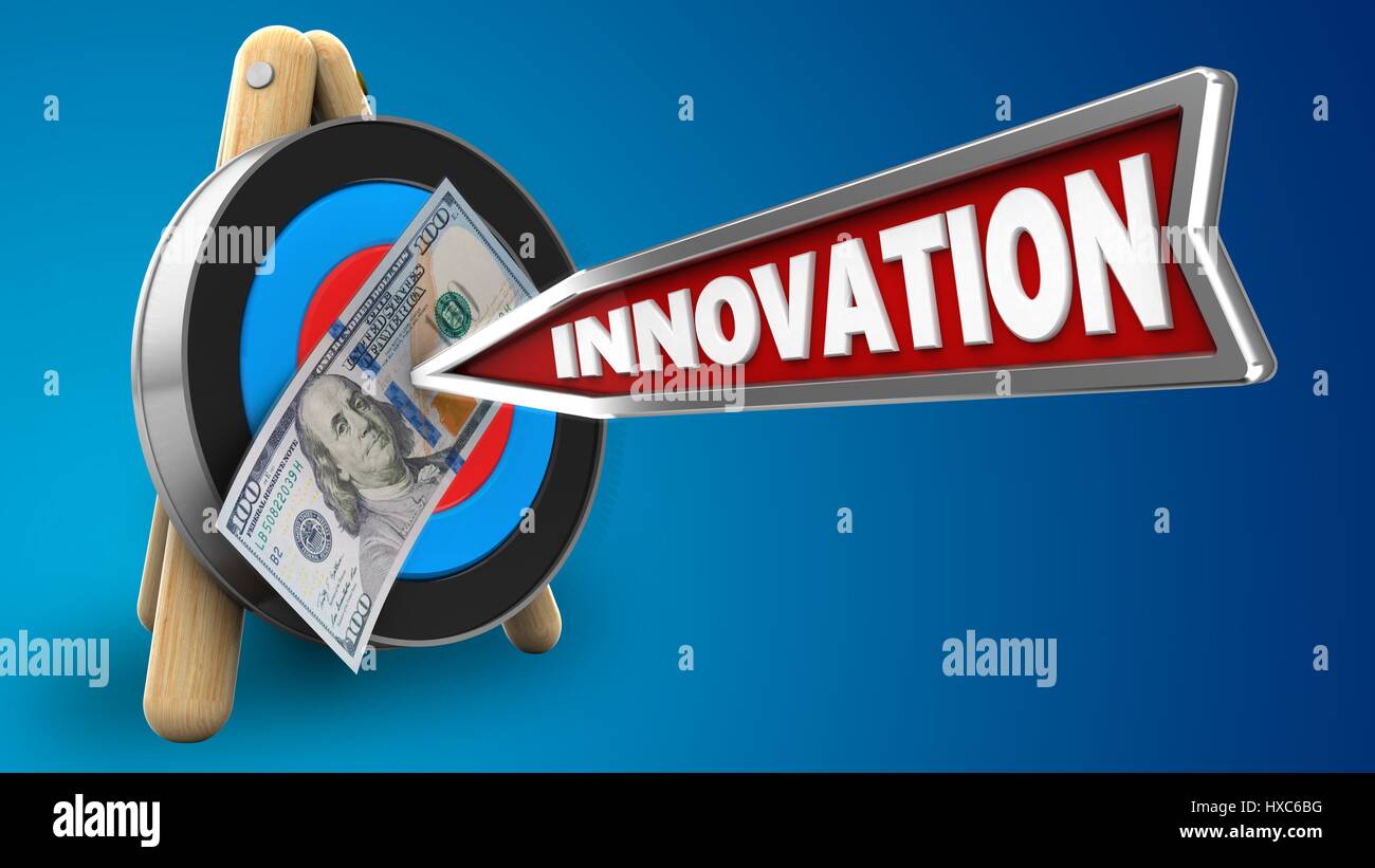 abstract 3d illustration target hit with arrow and innovation sign ...