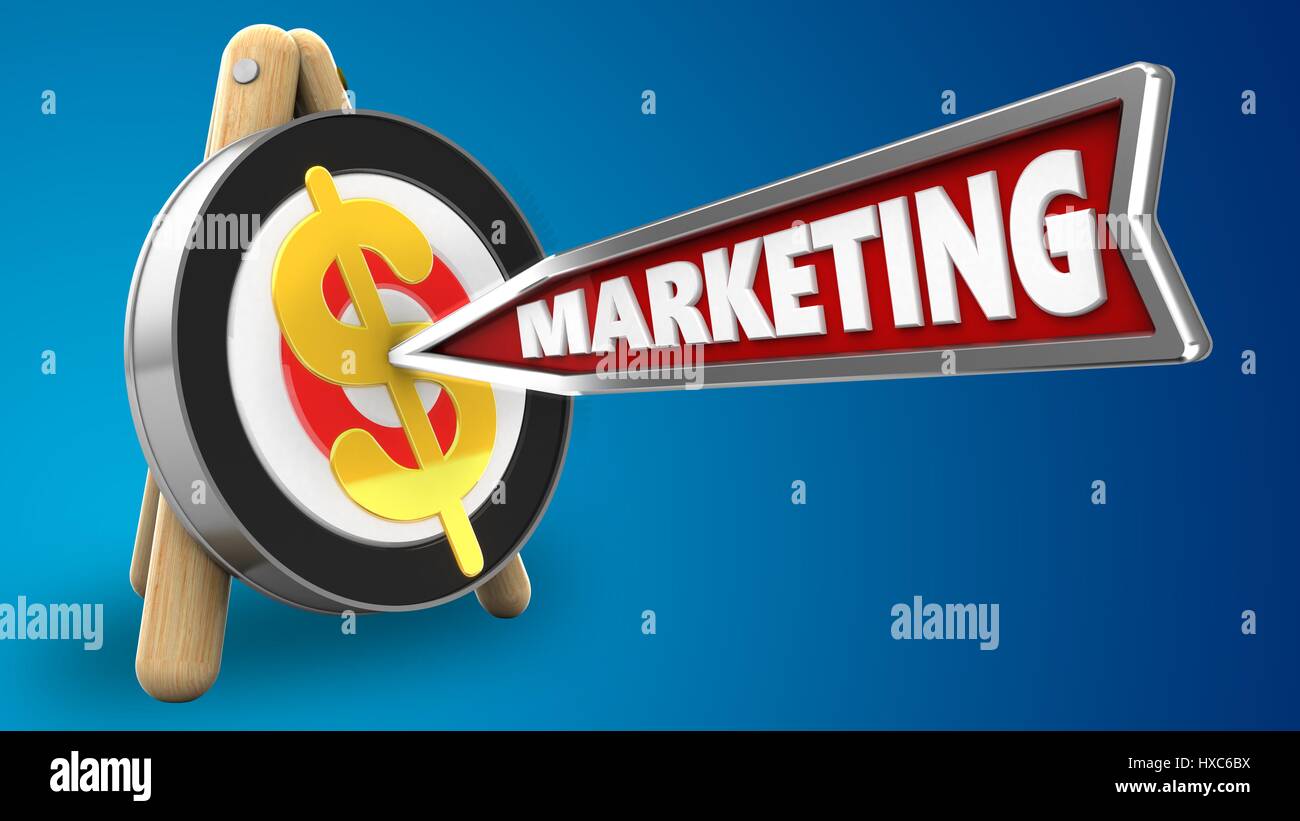 abstract 3d illustration target hit with arrow and marketing sign over ...
