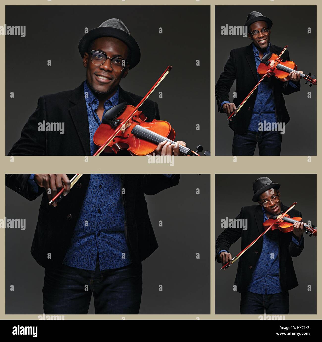 The black man happy expression and music instrument Stock Photo - Alamy