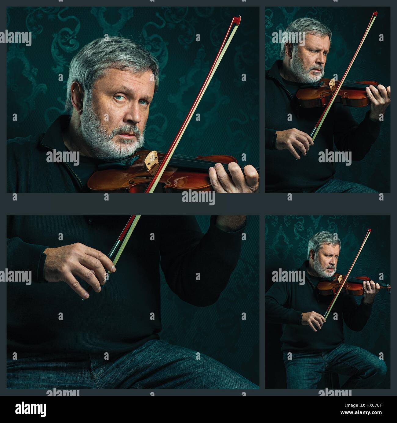 Senior musician playing a violin with wand on black background Stock ...