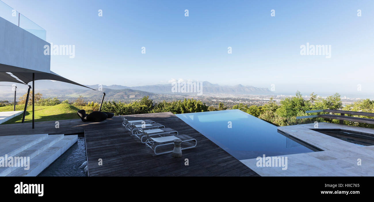 Modern luxury home showcase exterior with infinity pool and mountain ...