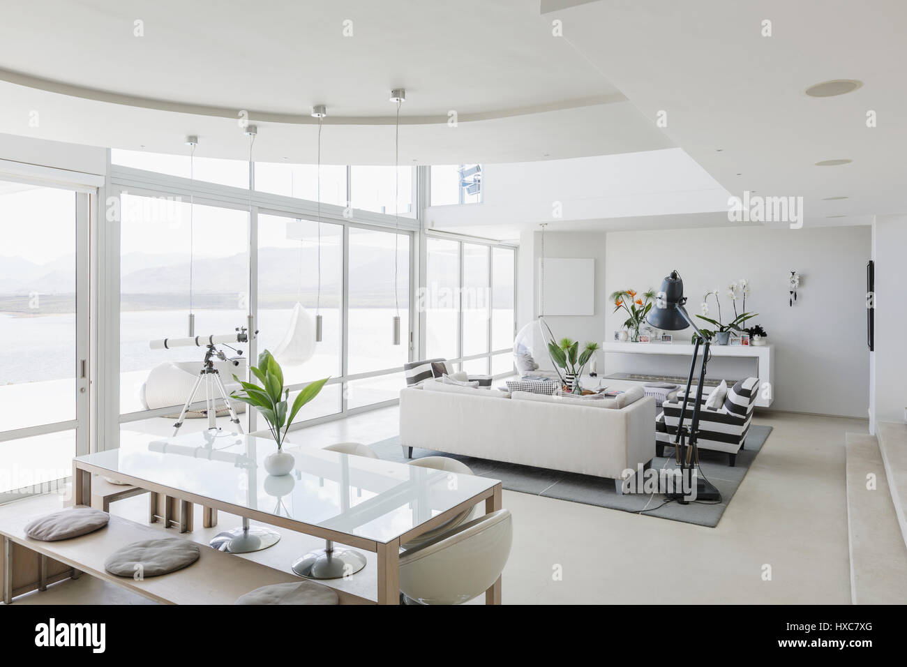 Modern luxury home showcase interior living room and dining room open ...