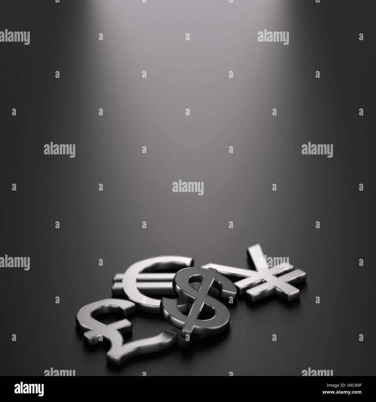 3D illustration of the four main currencies over black background with ...