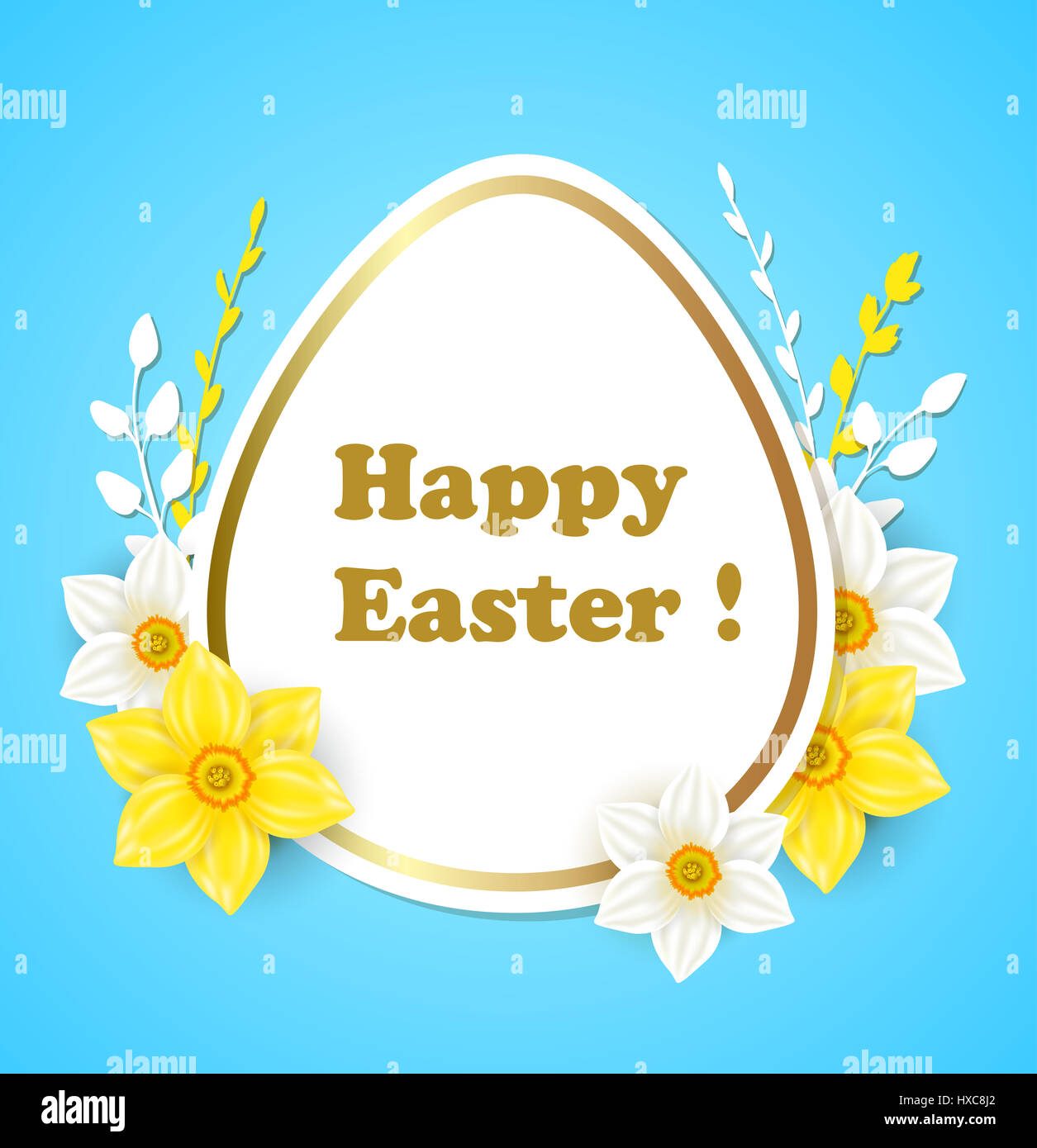 Easter greeting card with white and yellow flowers on a blue background ...