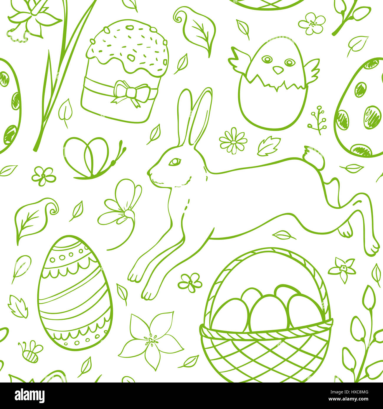 Hand drawn Easter seamless pattern with rabbit on a white background ...