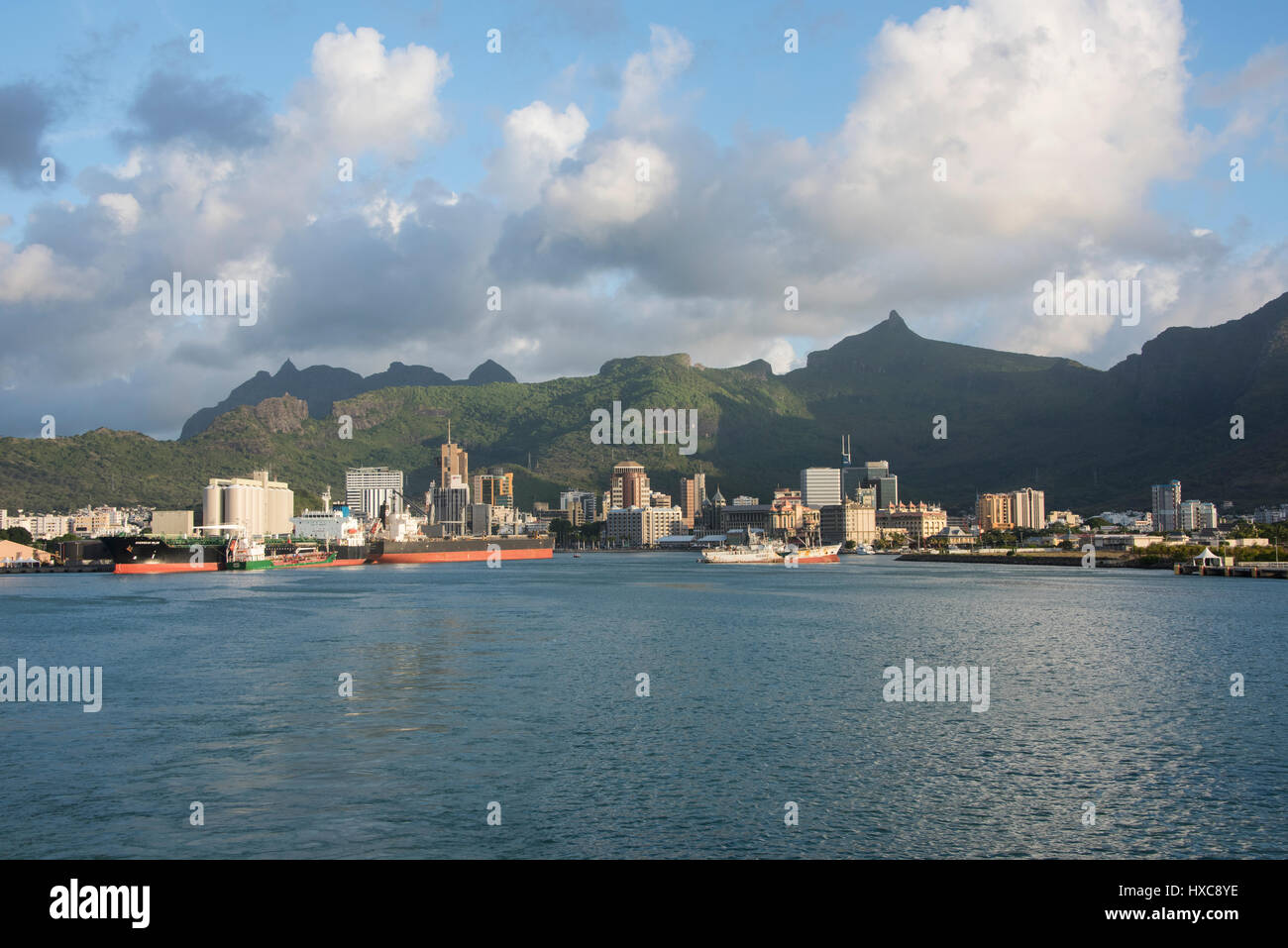 Mauritius, capital city of Port Louis. Waterfront view of the port area ...