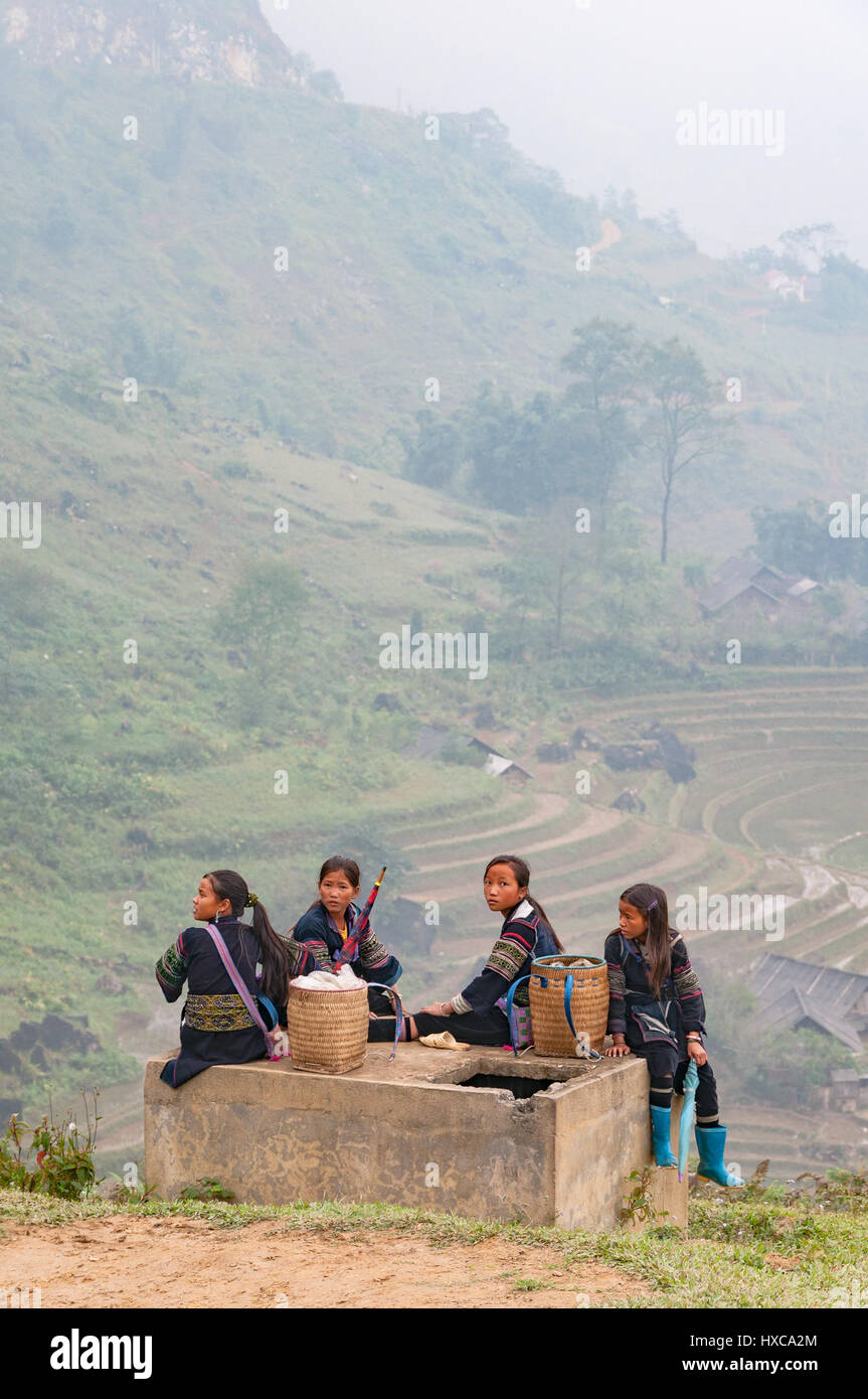 Four Young Female Hmong Guides Rest With Rice Paddy Field In Background ...